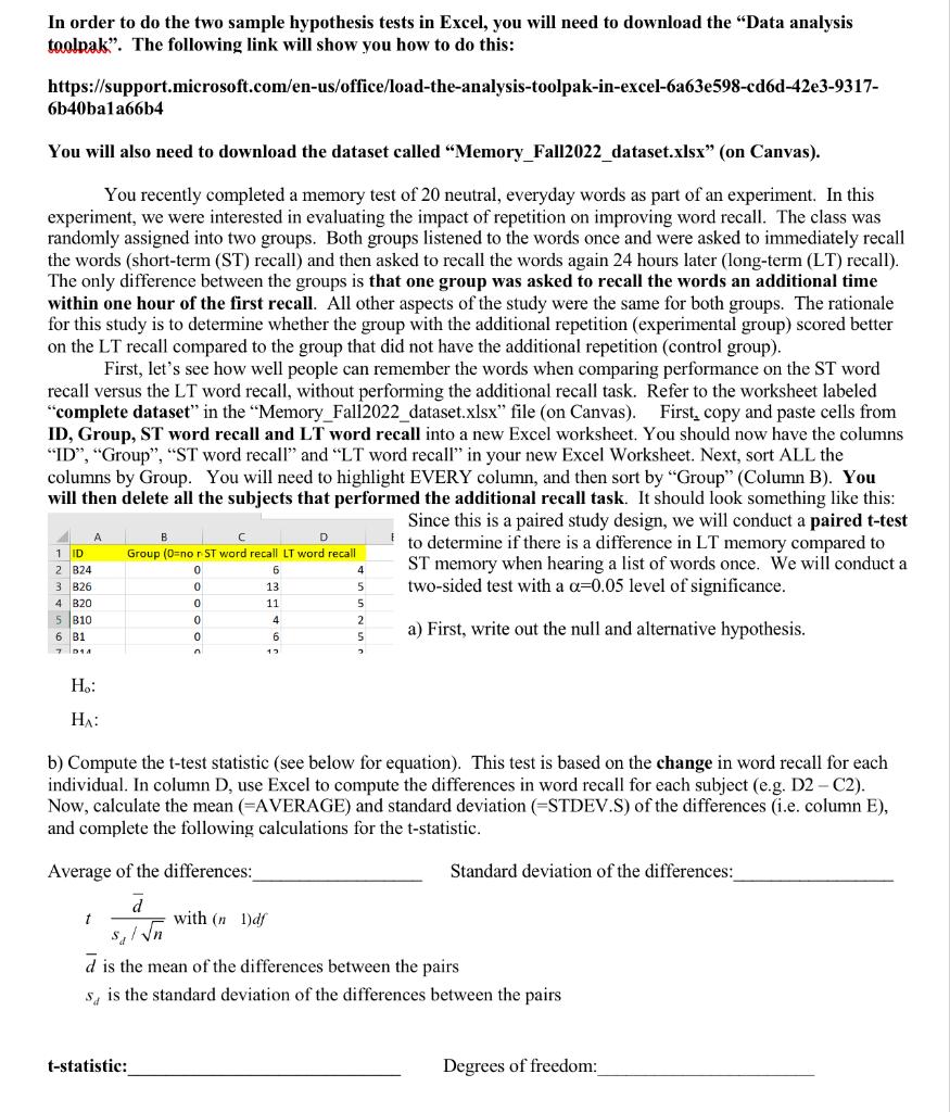 In order to do the two sample hypothesis tests in | Chegg.com