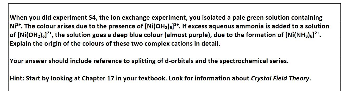 Solved When you did experiment S4, the ion exchange | Chegg.com