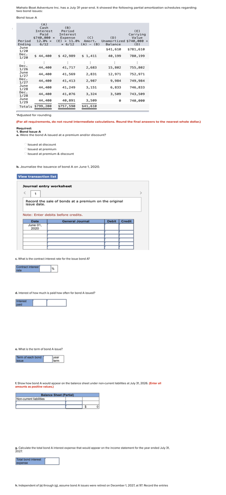Solved Bond issue A"Adjusted for rounding(For all | Chegg.com