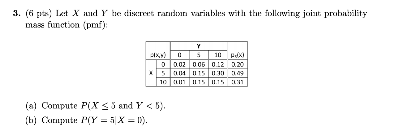 Solved 3. (6 pts) Let X and Y be discreet random variables | Chegg.com