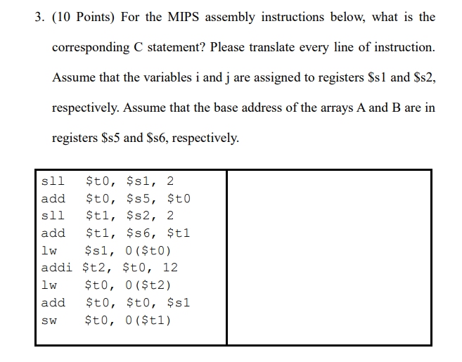 Solved 3. (10 Points) For the MIPS assembly instructions | Chegg.com