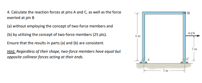 Solved 4. Calculate the reaction forces at pins A and C, as | Chegg.com