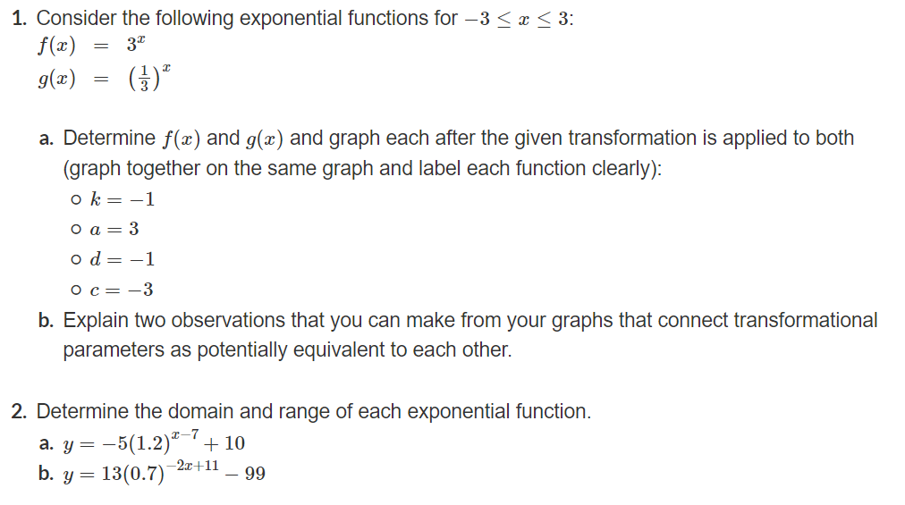 Solved 1. Consider the following exponential functions for | Chegg.com
