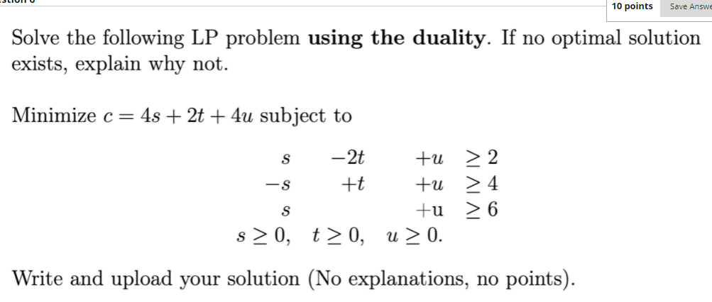 Solved 10 points Save Answe Solve the following LP problem | Chegg.com