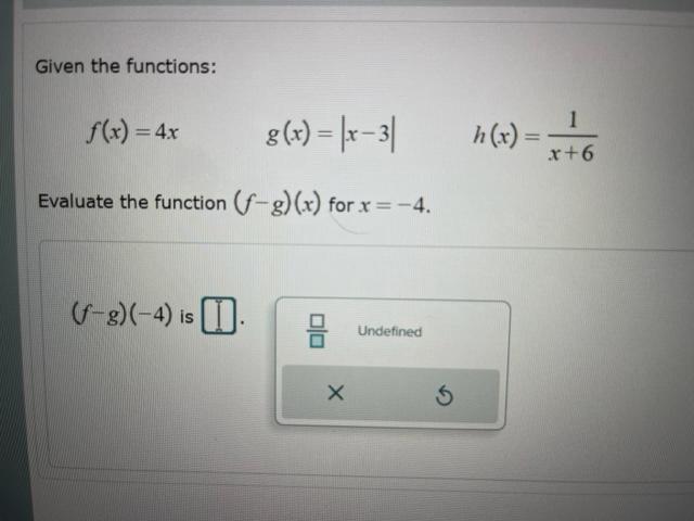 Solved Given the functions: f(x)=4xg(x)=∣x−3∣h(x)=x+61 | Chegg.com