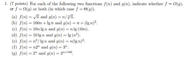 Solved For each of the following two functions f(n) and | Chegg.com