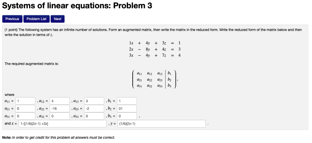 Solved Systems of linear equations: Problem 3 Previous | Chegg.com