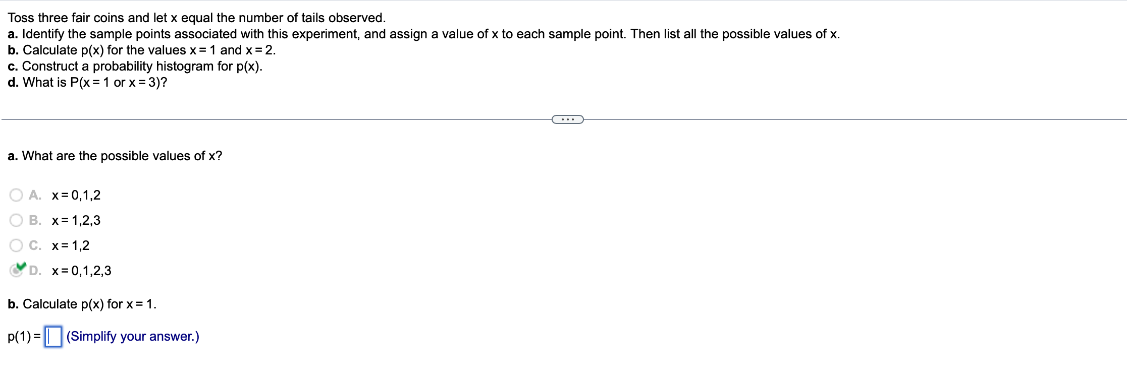 Solved Toss three fair coins and let x equal the number of | Chegg.com