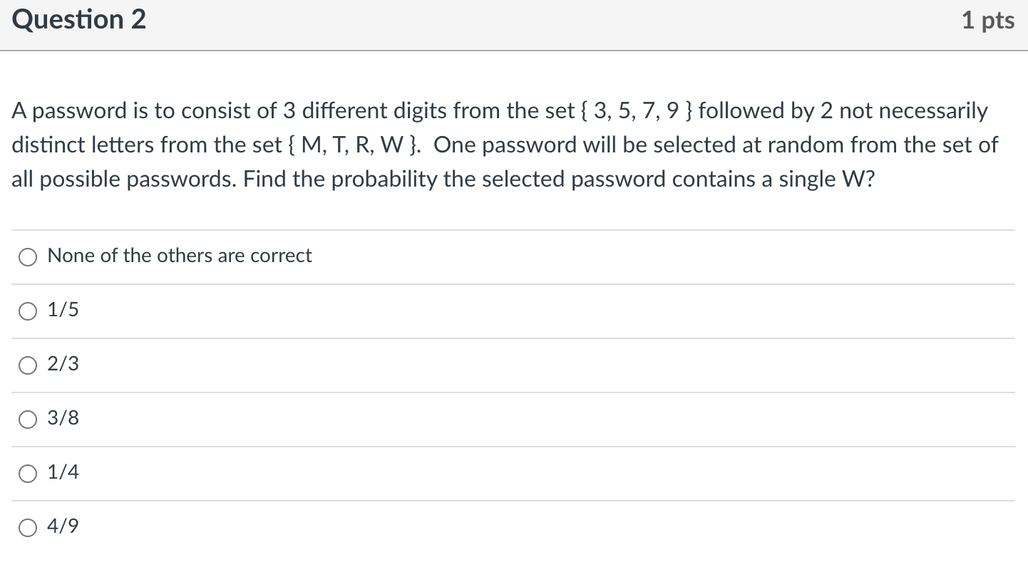 Solved Question 2 1 pts A password is to consist of 3 | Chegg.com
