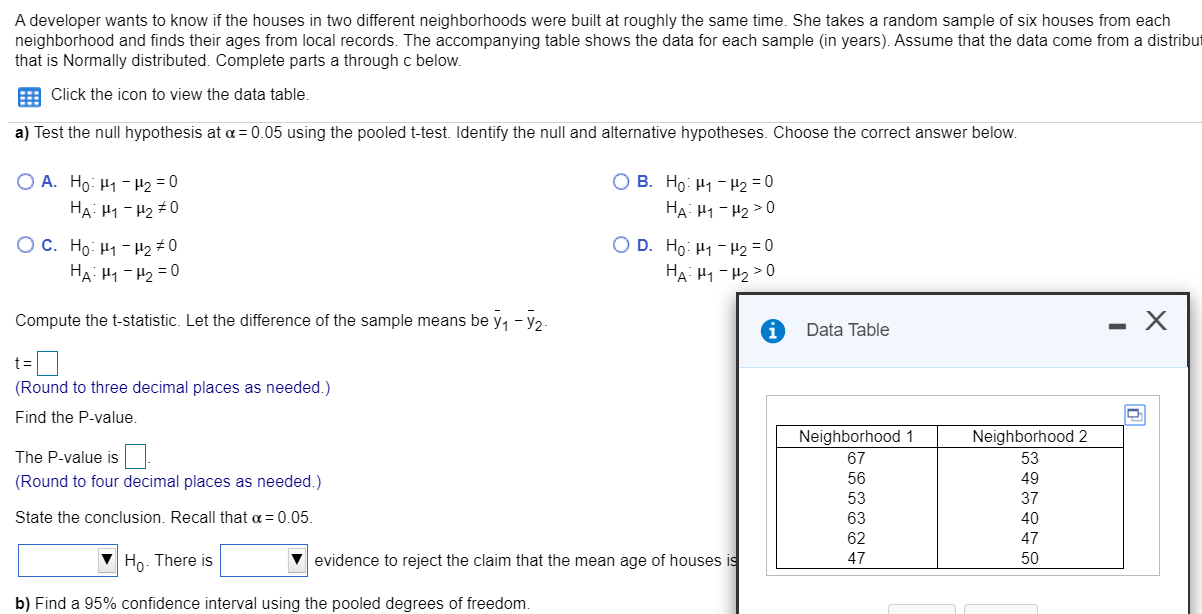 Solved A developer wants to know if the houses in two | Chegg.com