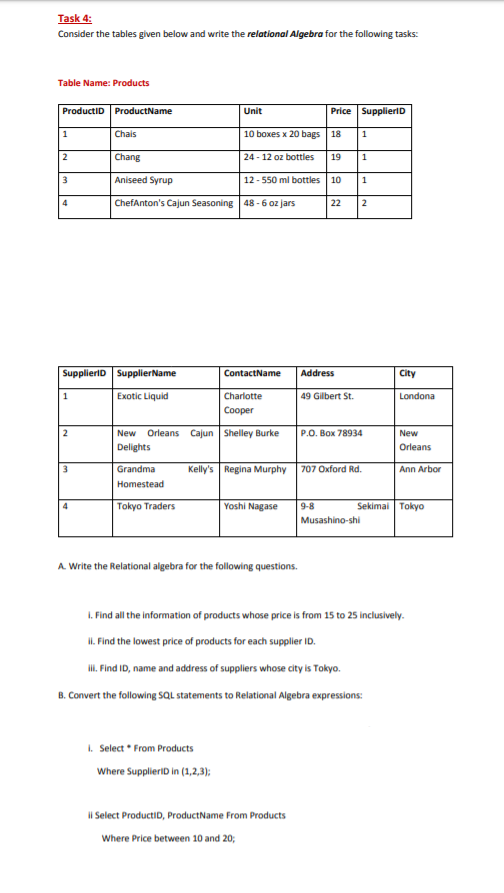 Solved Task 4: Consider the tables given below and write the | Chegg.com