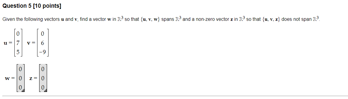 Solved Question 5 [10 points] Given the following vectors u | Chegg.com