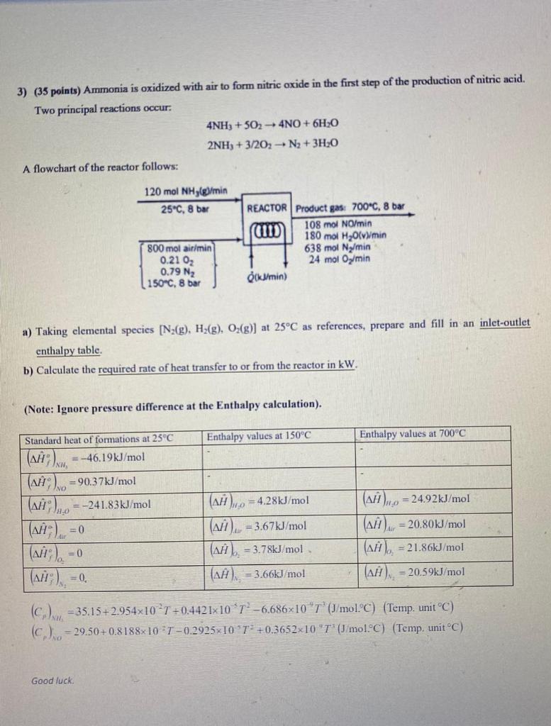 Solved 3) (35 points) Ammonia is oxidized with air to form | Chegg.com Solved 3) (35 points) Ammonia is oxidized with air to form | Chegg.com