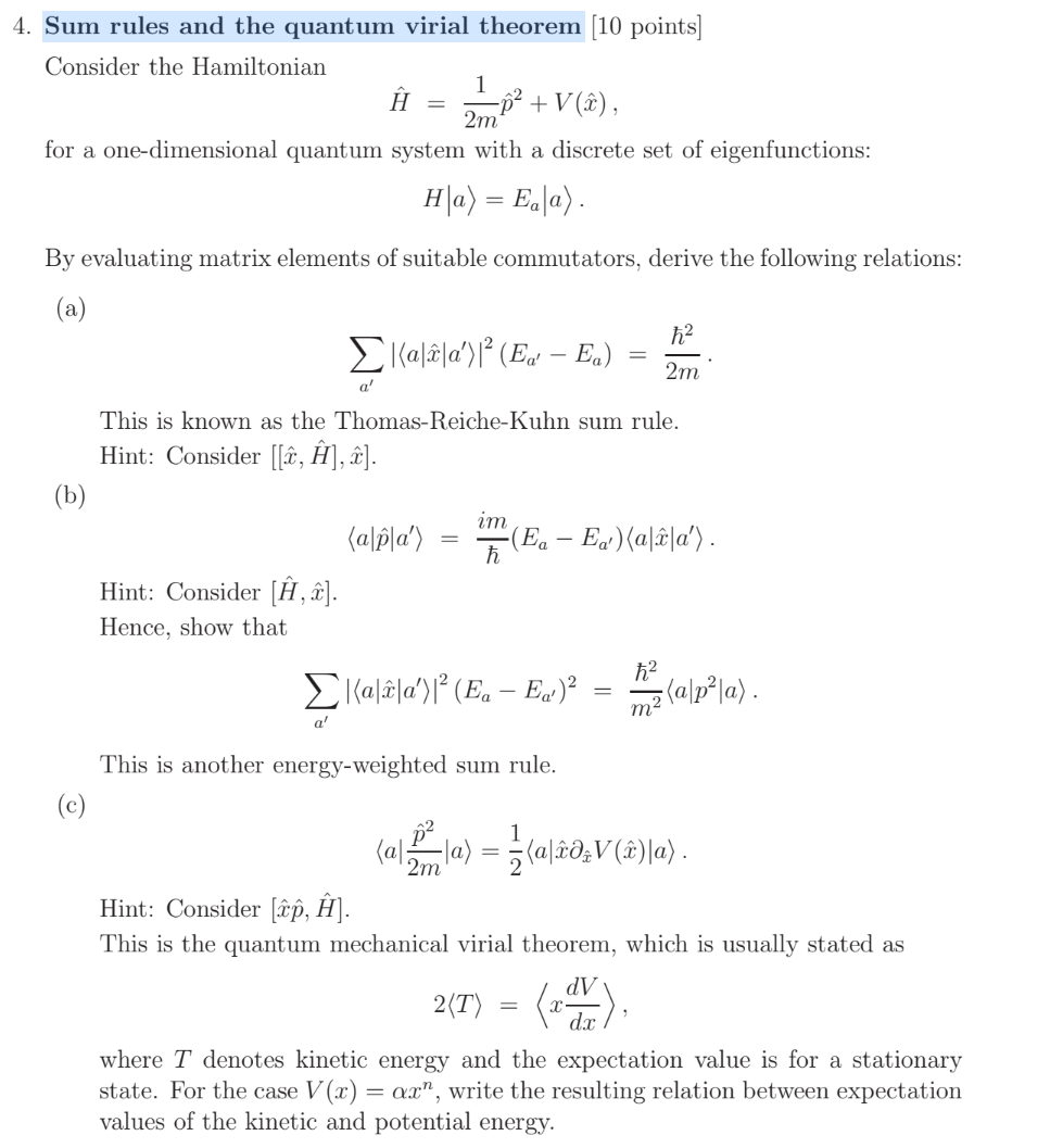 4. Sum rules and the quantum virial theorem [ 10 | Chegg.com