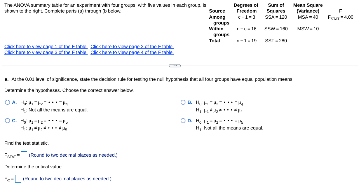 Solved Degrees of Freedom C-1=3 Sum of Squares SSA = 120 | Chegg.com