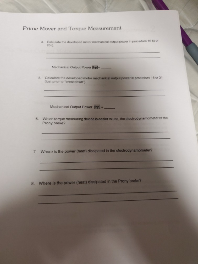 Prime Mover and Torque Measurement Calculate the | Chegg.com