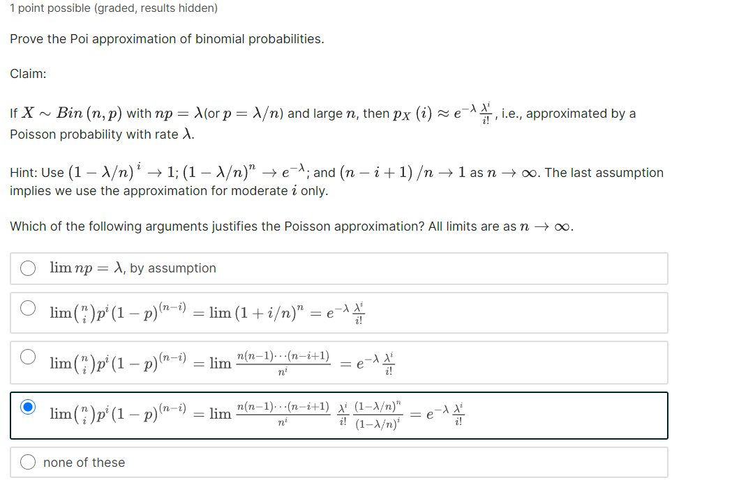 Solved Prove the Poi approximation of binomial | Chegg.com