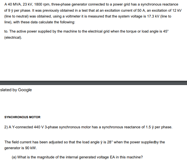 Solved A 40 MVA, 23kV,1800rpm, three-phase generator | Chegg.com