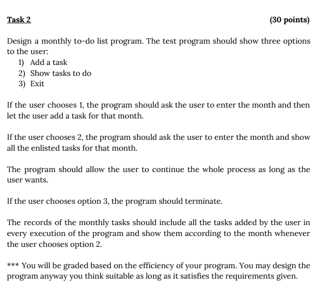 Solved Task 2 (30 points) Design a monthly to-do list | Chegg.com