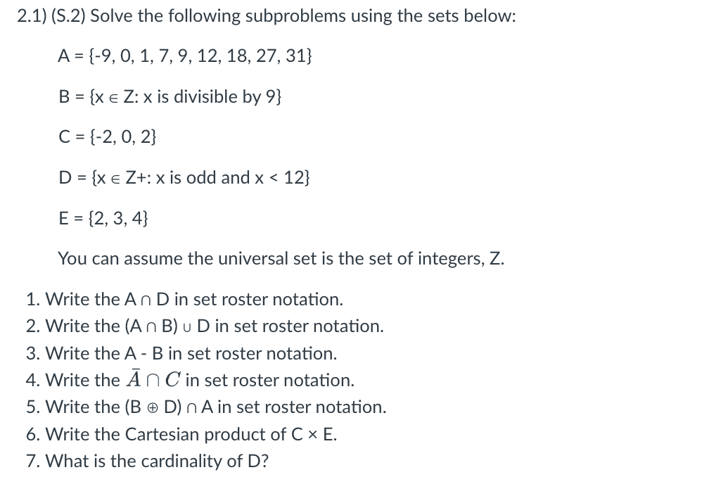 Solved 2.1) (S.2) Solve the following subproblems using the | Chegg.com