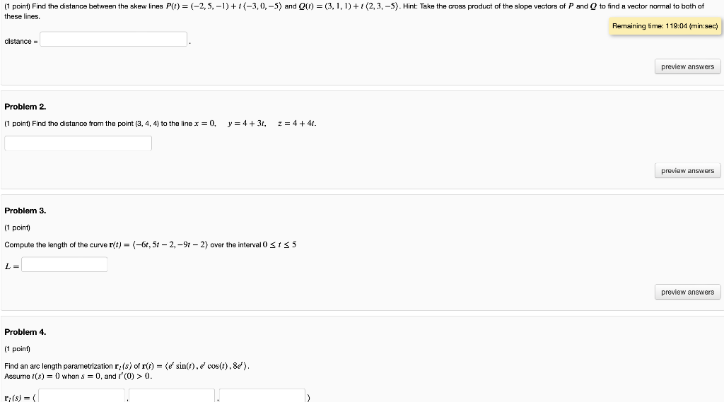 Solved these lines. distance = Problem 2. (1 point) Find the | Chegg.com