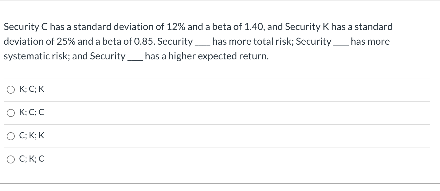Solved Security C has a standard deviation of 12% and a beta | Chegg.com