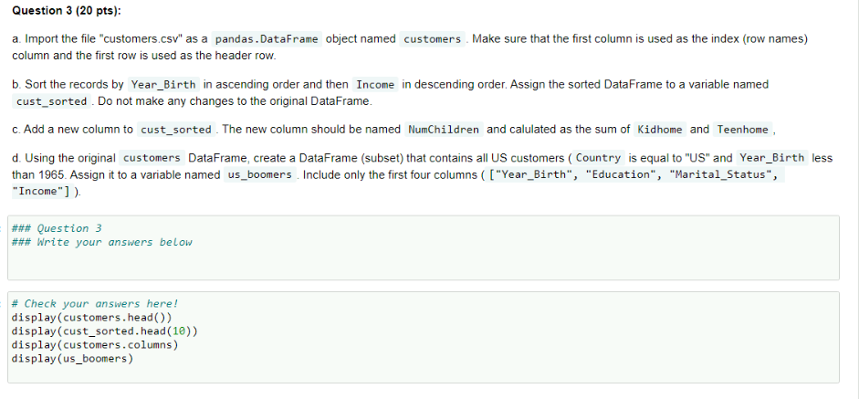 Question 3 (20 pts): a. Import the file | Chegg.com