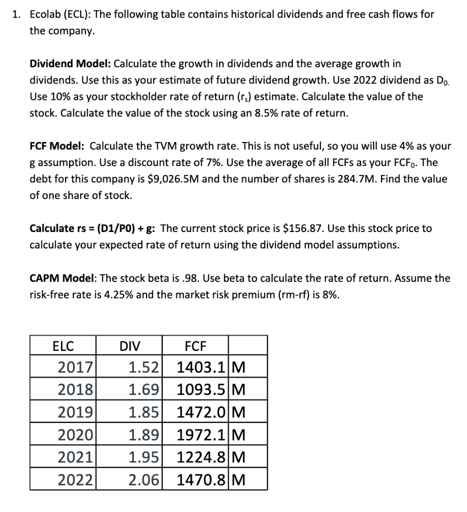 Ecolab (ECL): The following table contains historical | Chegg.com
