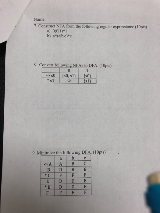 Solved Name: 7. Construct NFA from the following regular | Chegg.com