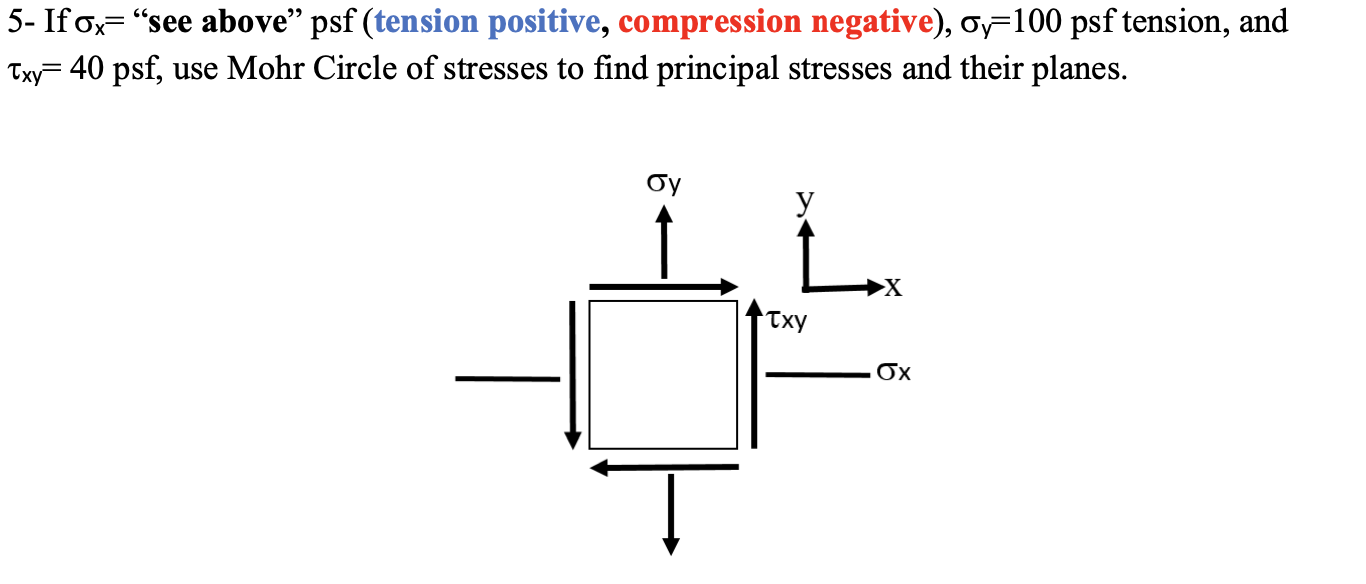 Solved 5- If ox=“see above” psf (tension positive, | Chegg.com