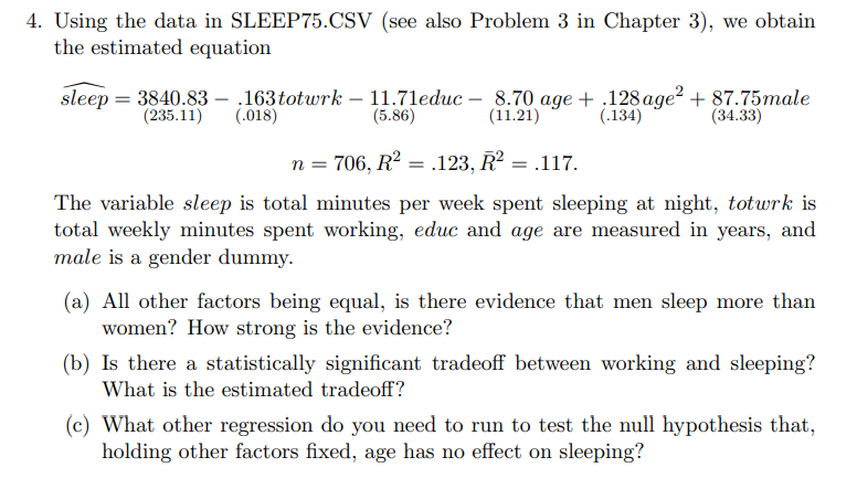 Solved Using the data in SLEEP75.CSV (see also Problem 3 in | Chegg.com