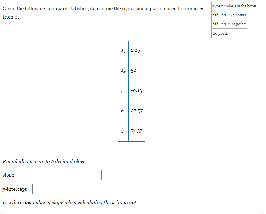 Solved Given the following summary statistics, determine the | Chegg.com
