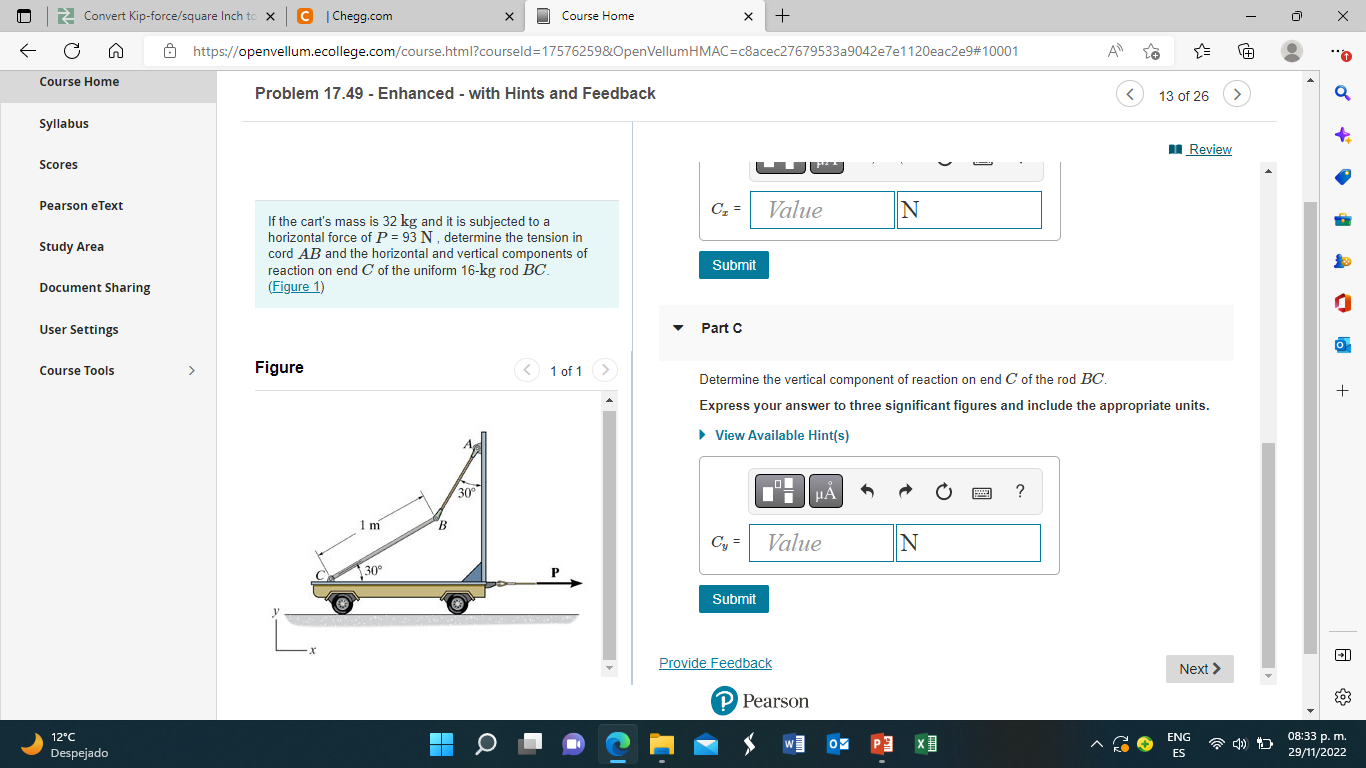 [Solved]: If the cart's mass is ( 32 mathrm{~kg} )
