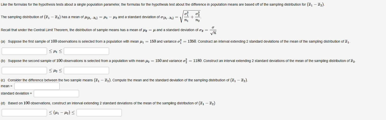 Solved The sampling distribution of (xˉ1−xˉ2) has a mean of | Chegg.com