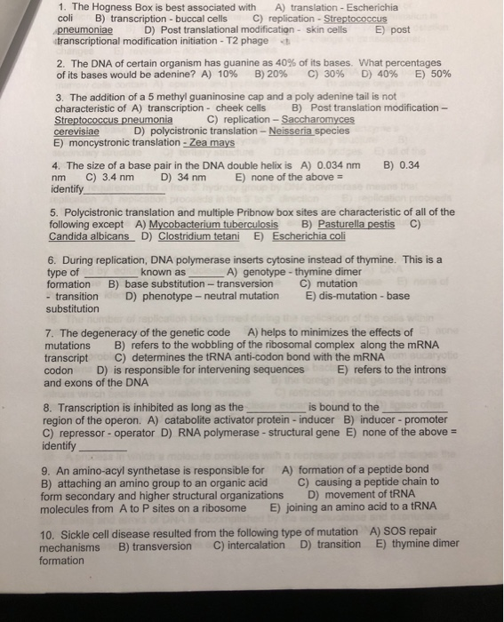 Solved 1. The Hogness Box is best associated with A) | Chegg.com