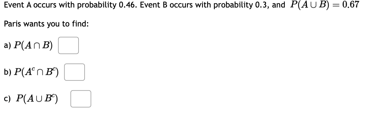 Solved Event A occurs with probability 0.46. Event B occurs | Chegg.com
