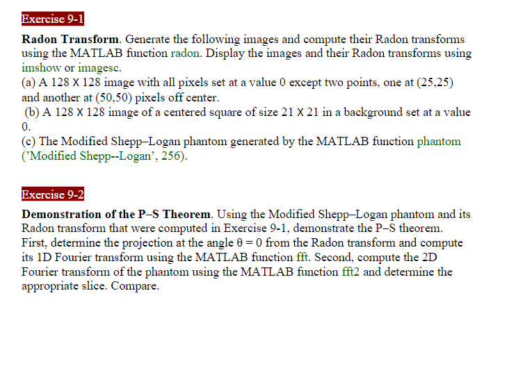 Radon Transform. Generate the following images and | Chegg.com