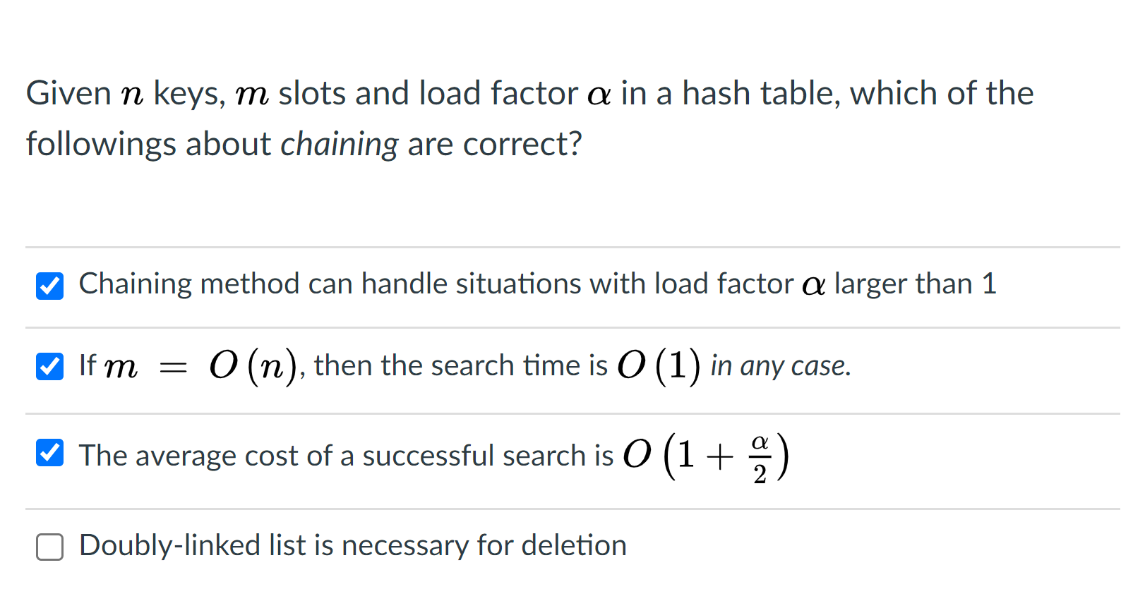 Solved Given n keys, m slots and load factor a in a hash | Chegg.com