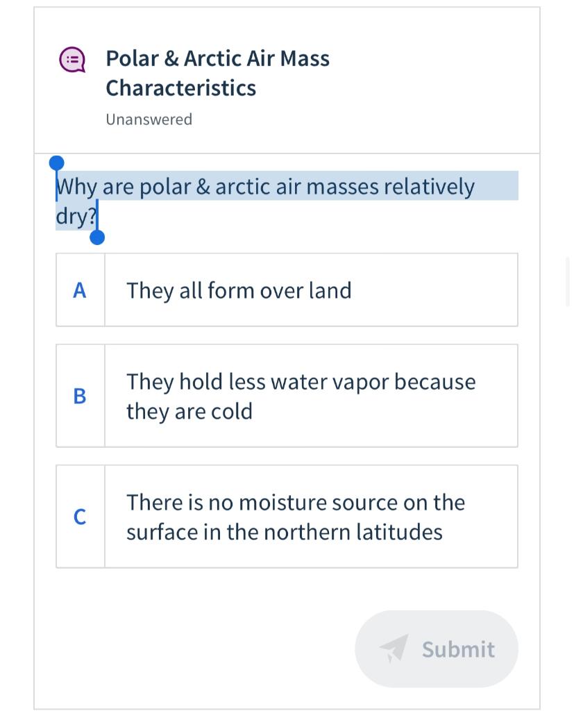 Solved := Polar & Arctic Air Mass Characteristics Unanswered | Chegg.com