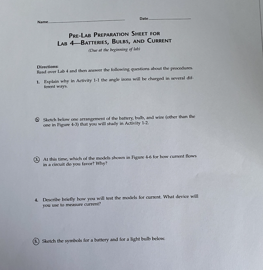 Solved Date Name PRE-LAB PREPARATION SHEET FOR LAB 4 | Chegg.com