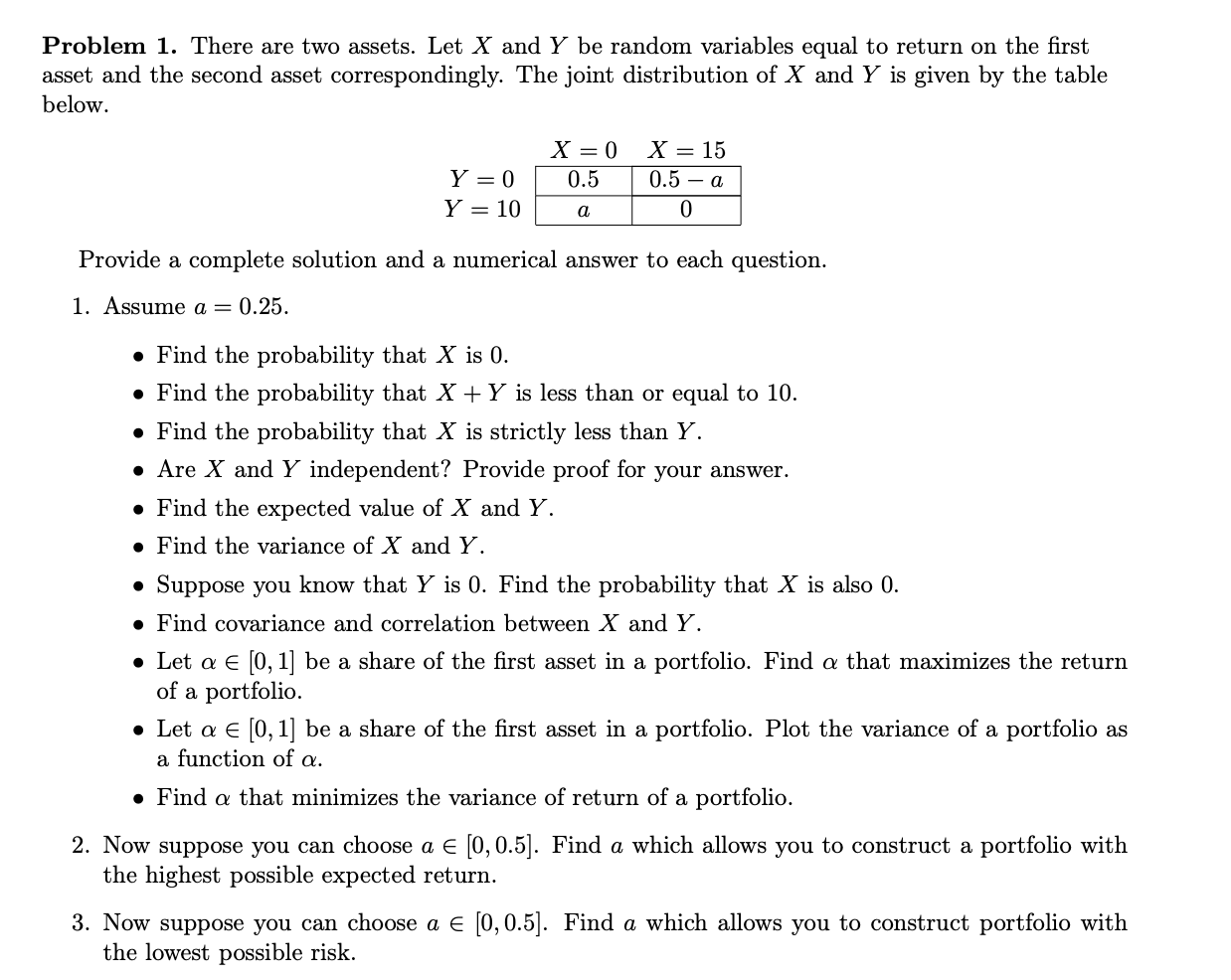 Solved Problem 1. There are two assets. Let X and Y be | Chegg.com