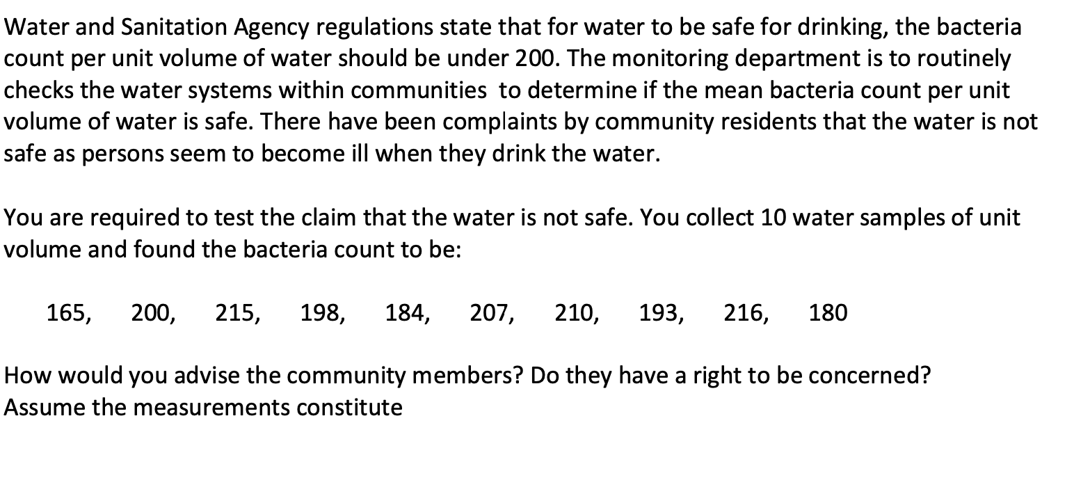 Solved Water and Sanitation Agency regulations state that | Chegg.com