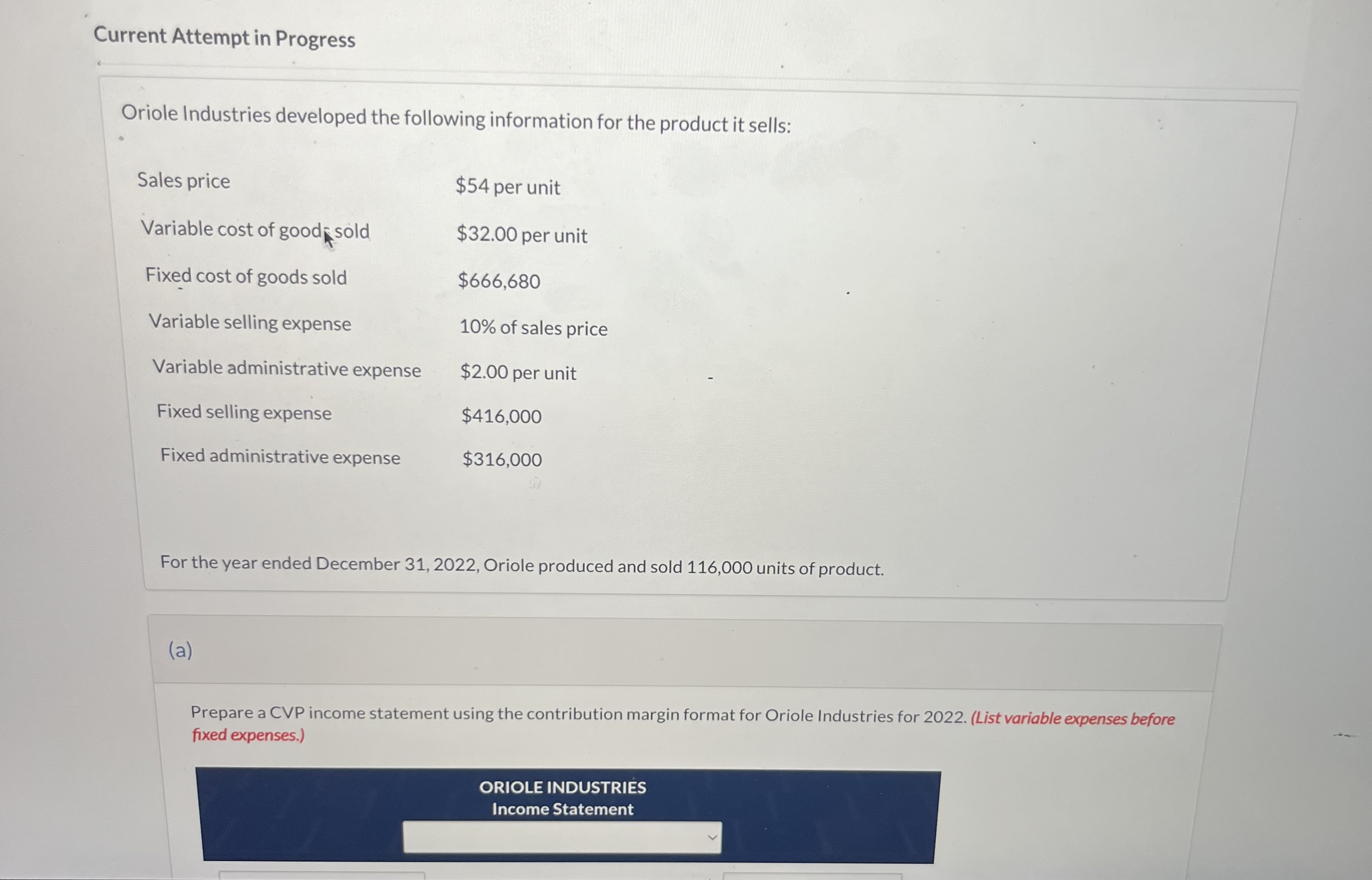 Solved Current Attempt in Progress Oriole Industries | Chegg.com
