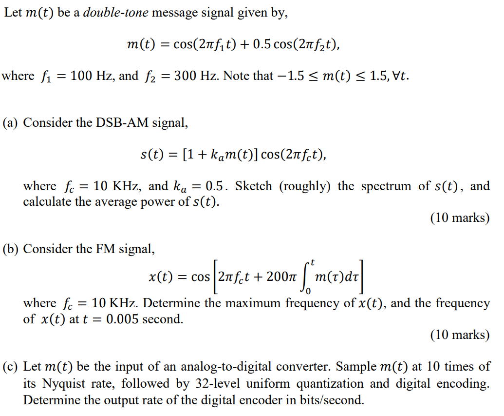 Let m(t) be a double-tone message signal given by, | Chegg.com