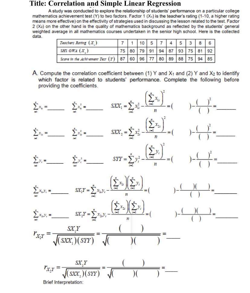 Solved Title: Correlation and Simple Linear Regression A | Chegg.com