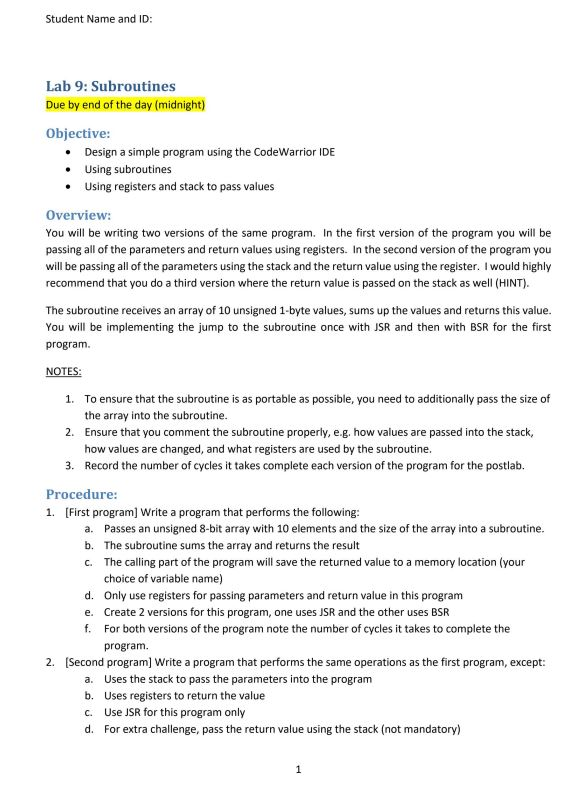 Student Name and ID: Lab 9: Subroutines Due by end of | Chegg.com