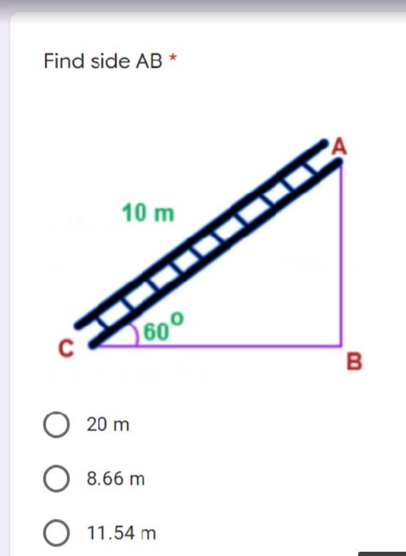 Solved Find side AB 10 m 600 O 20 m O 8.66 m 11.54 m B | Chegg.com