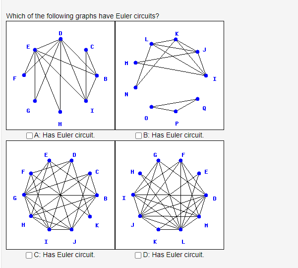 Solved Which of the following graphs have Euler circuits? A: | Chegg.com