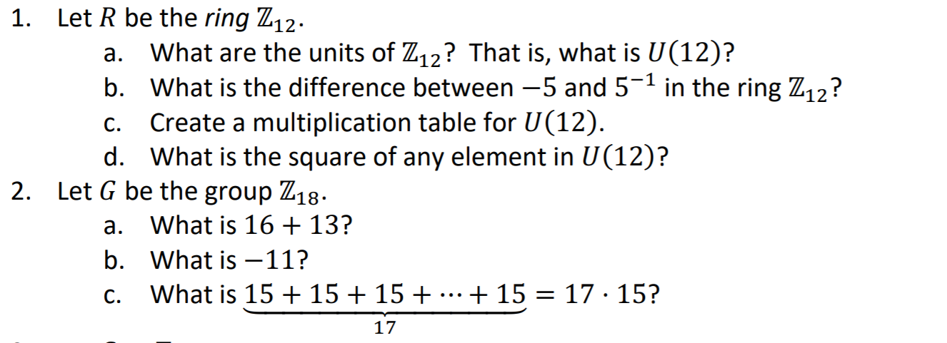 Solved a. C. 1. Let R be the ring Z12: What are the units of | Chegg.com