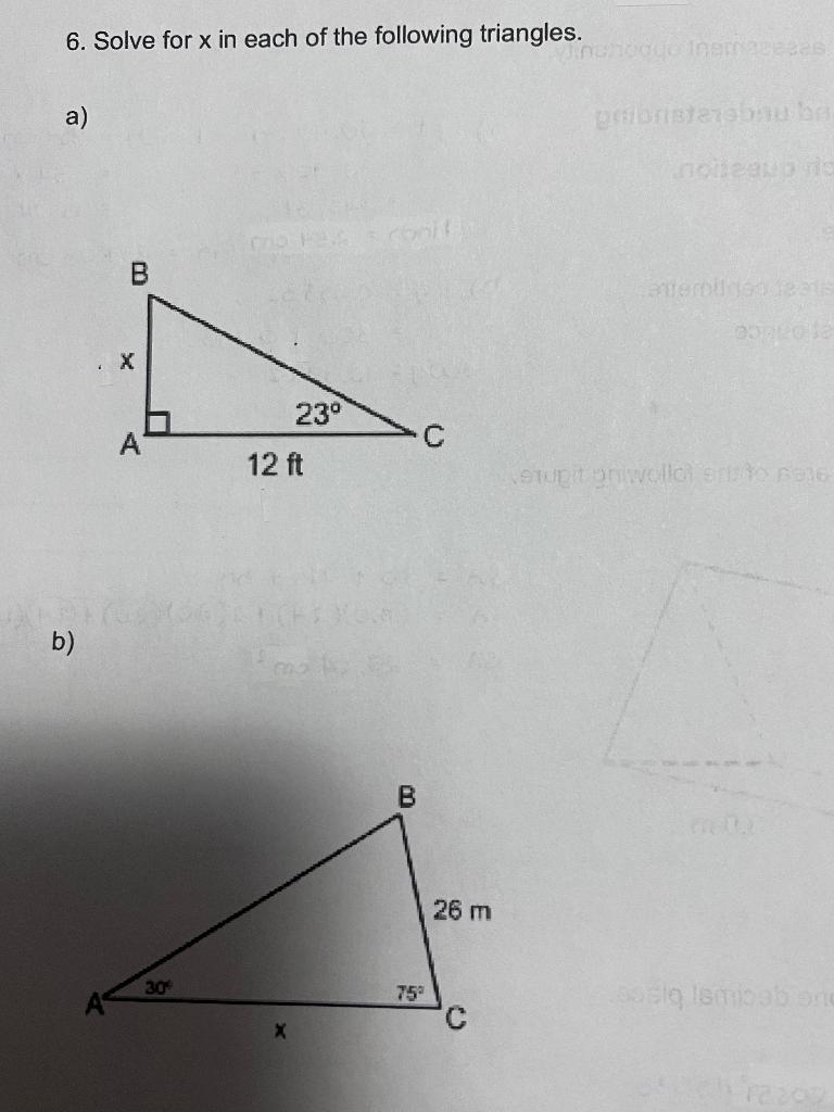 Solved 6. Solve for x in each of the following triangles. a) | Chegg.com